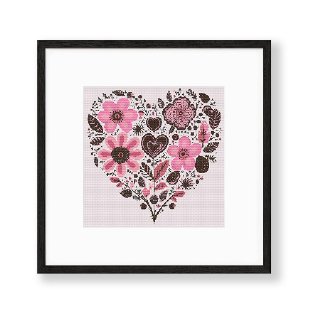 Flowering Heart Cross Stitch, Pink Flowering Heart, Flowering Cross ...