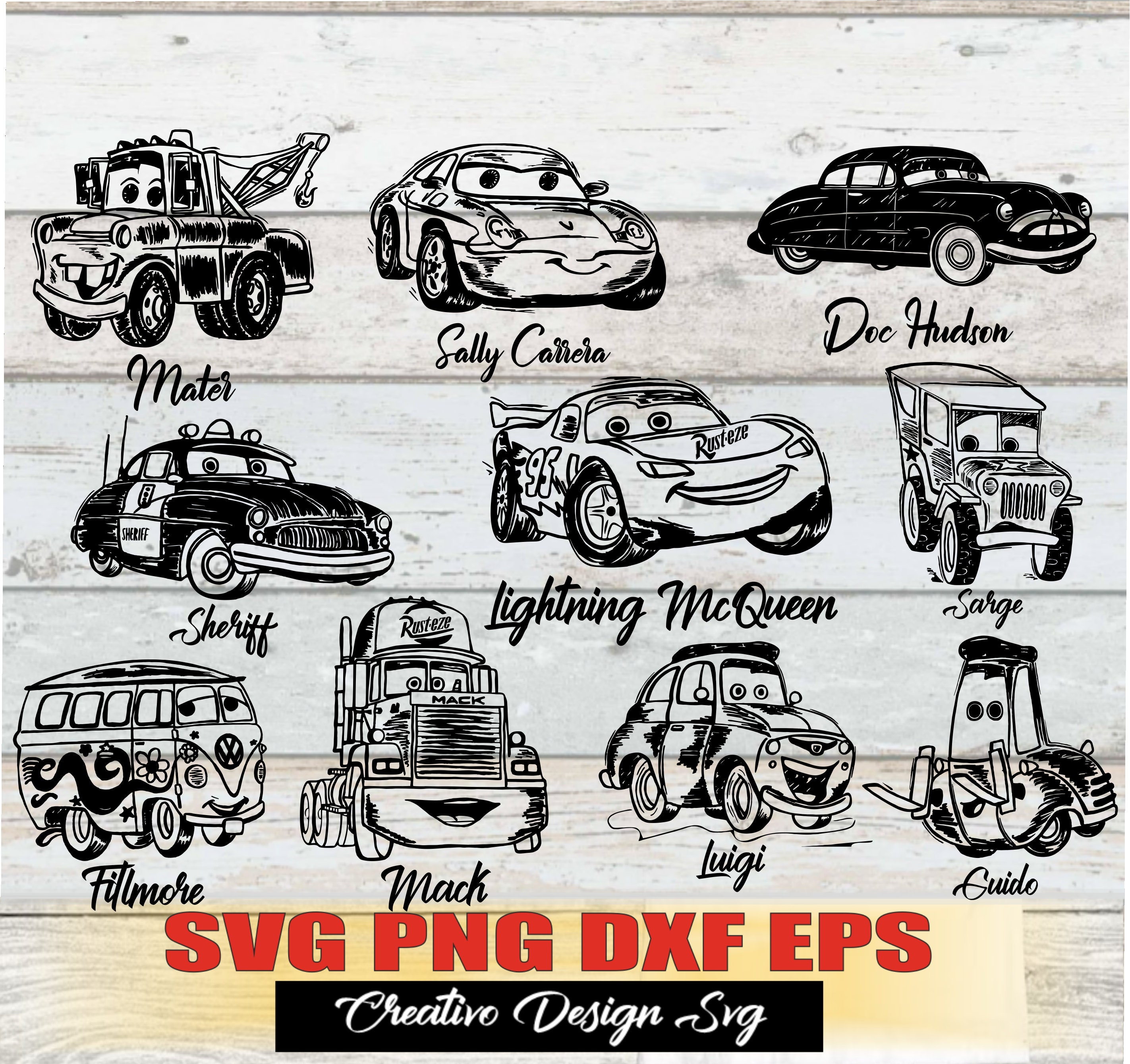 Cars Bundle Sketched Svg Png Dxf Eps Doc Hudson Svg Mcqueen Svg Family ...