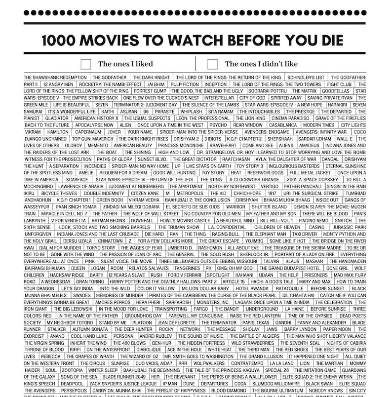 Wall Art 1000 Movies to See Before You Die, Digital Download Printable ...