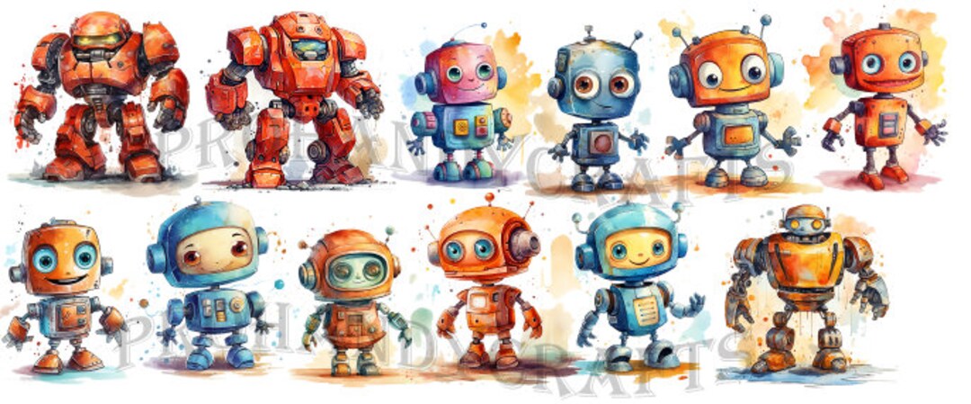 23 Cute Robots Watercolor Clipart, Robot Png, Boy Clipart, Sublimation ...