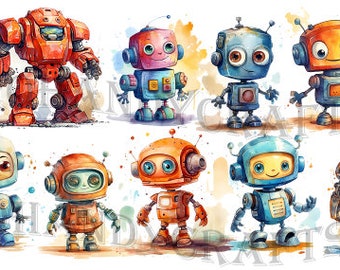 30 Cute Robots Watercolor Clipart, Robot Png, Boy Clipart, Sublimation ...