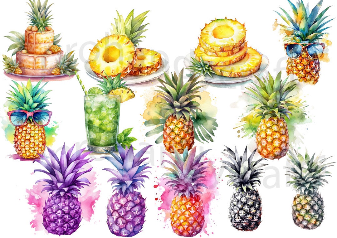 Watercolor Pineapple Clipart Cute Funny Pineapple Digital Png Tropical ...