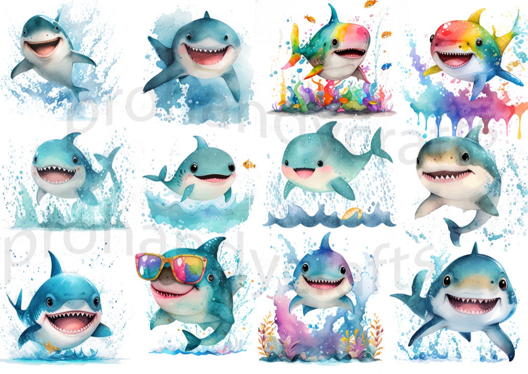 Sharks Watercolor Clipart, Ocean Wild Life Cute Ocean Animals PNG ...