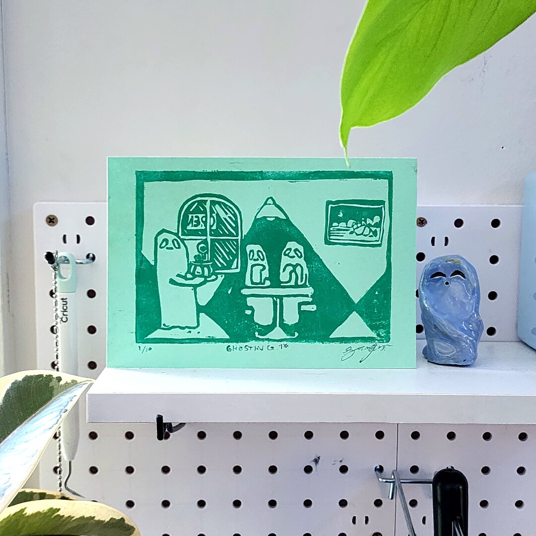Ghosting Part 1: Dining Out, Linocut Print, Handmade, Green Ghost Date ...