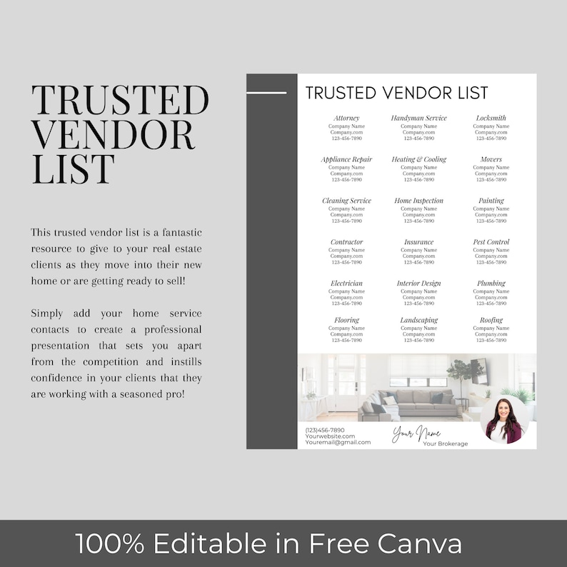 Trusted Vendor List for Real Estate Agents- INSTANT DOWNLOAD, Edit in ...