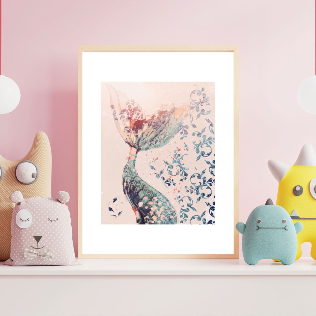 Mermaid Wall Art Pastel Pink Girl Nursery Art Print Baby Shower Gift ...