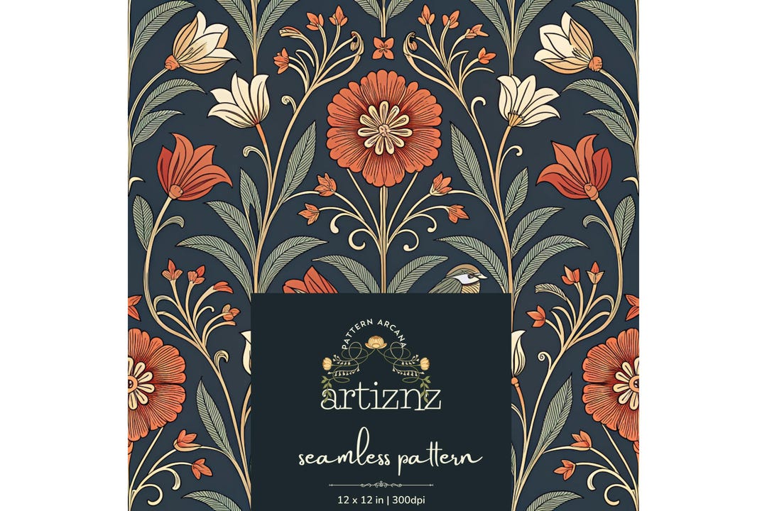 Vienna Secession Swallow Pattern, Gray & Terracotta Folk Art Floral ...