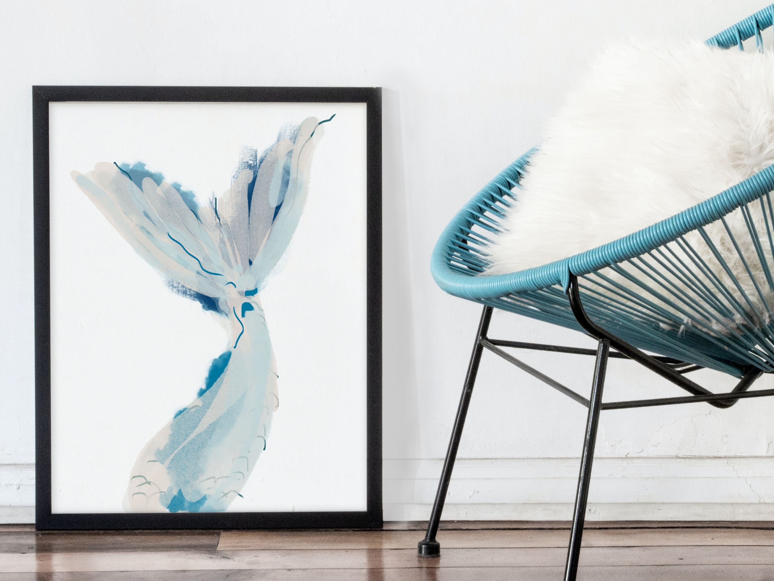 Minimalist Blue Mermaid Tail Wall Art Mythical Sea Animal Poster Ocean ...