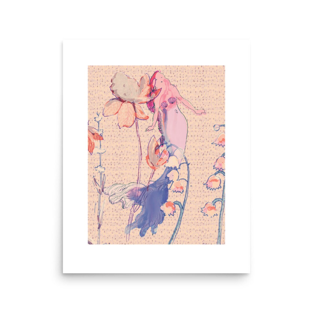 Boho Pink Floral Mermaid, Original Fantasy Art Print, Unique ...
