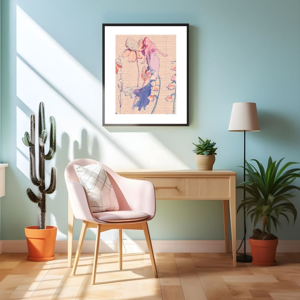 Boho Pink Floral Mermaid, Original Fantasy Art Print, Unique ...