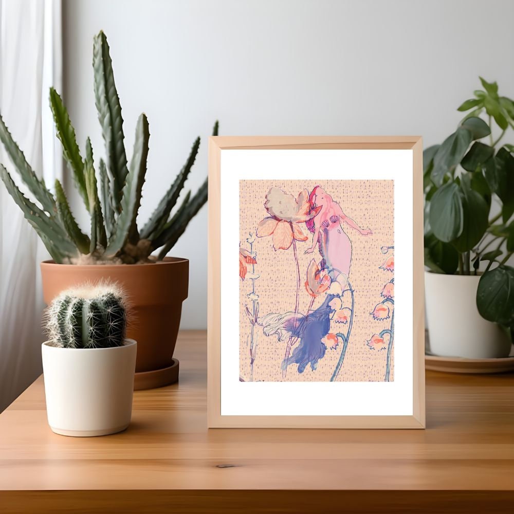Boho Pink Floral Mermaid, Original Fantasy Art Print, Unique ...