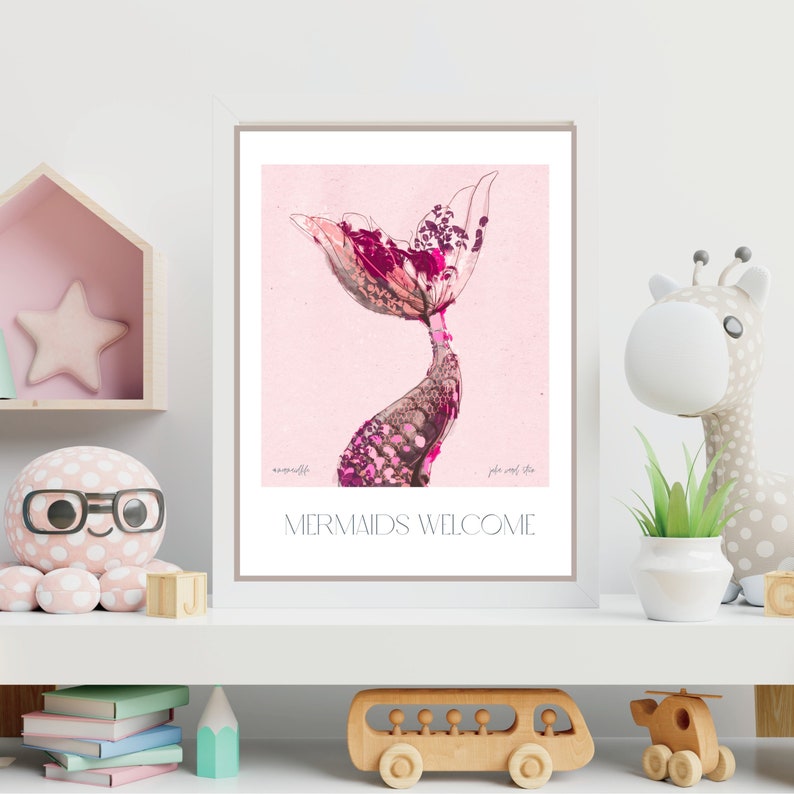 Pink Mermaid Poster, Mermaids Welcome Wall Art, Unique Home Decor, Boho ...