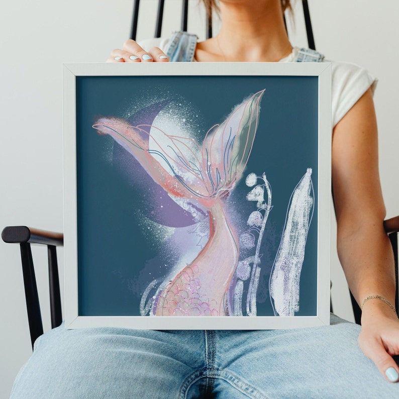 Mermaid Art Print, Moon and Mermaid, Celestial Girls Nursery Decor ...