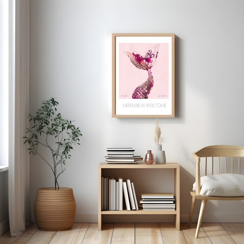 Pink Mermaid Poster, Mermaids Welcome Wall Art, Unique Home Decor, Boho ...