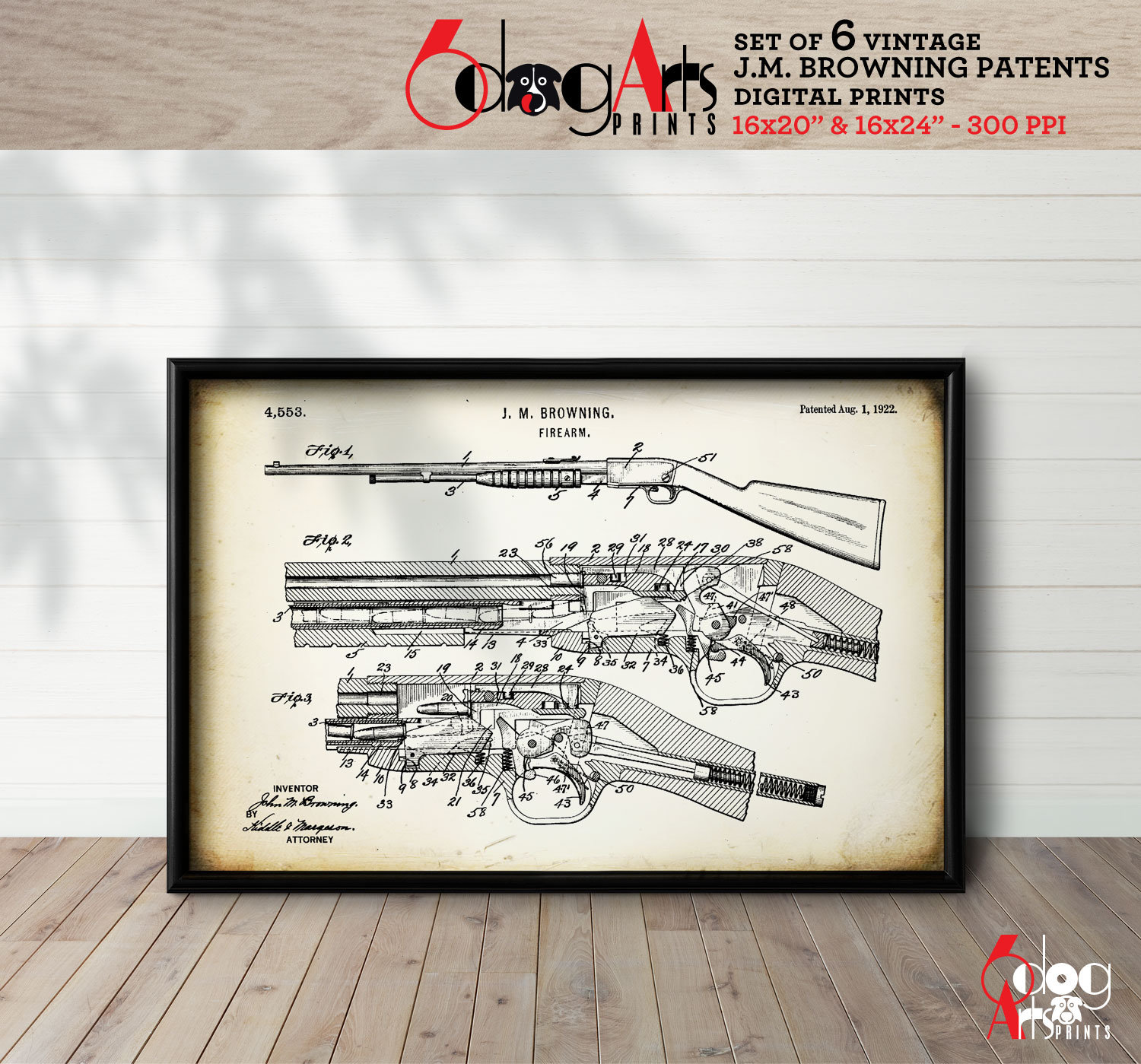 Firearm Patent Print /set of 6/ Pistol Gun Riffle Digital Prints, Gift ...