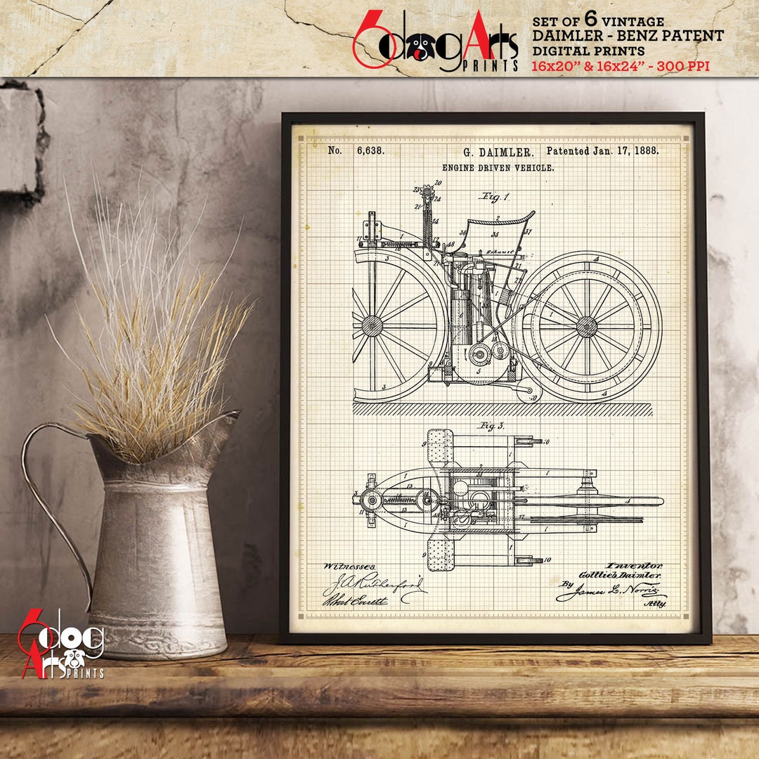 First Daimler-benz Motorcycle and Car Patents (set of 6) Download ...