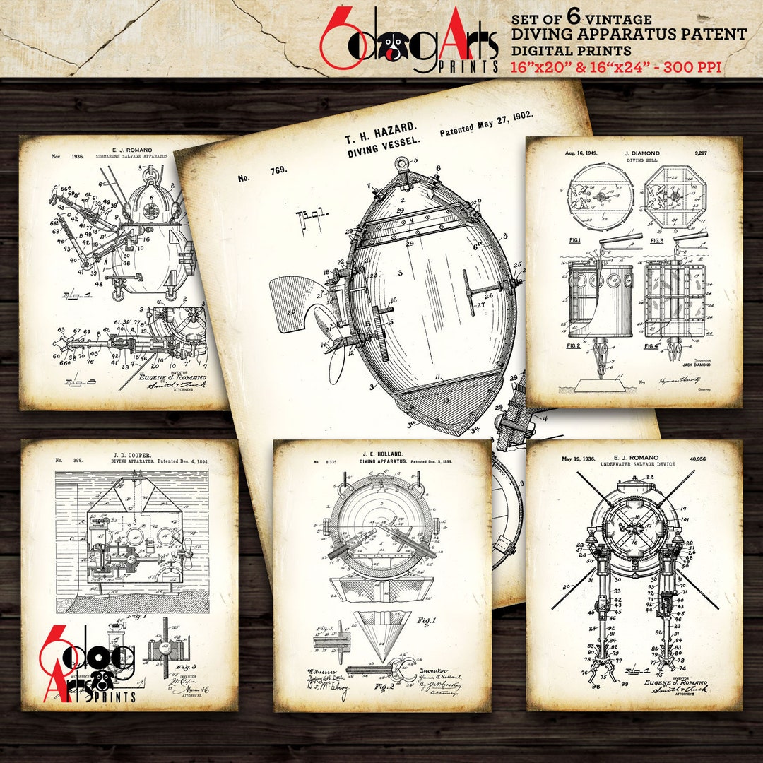 Vintage Diving Apparatus Patent Prints: Nautical Blueprint Art (digital ...