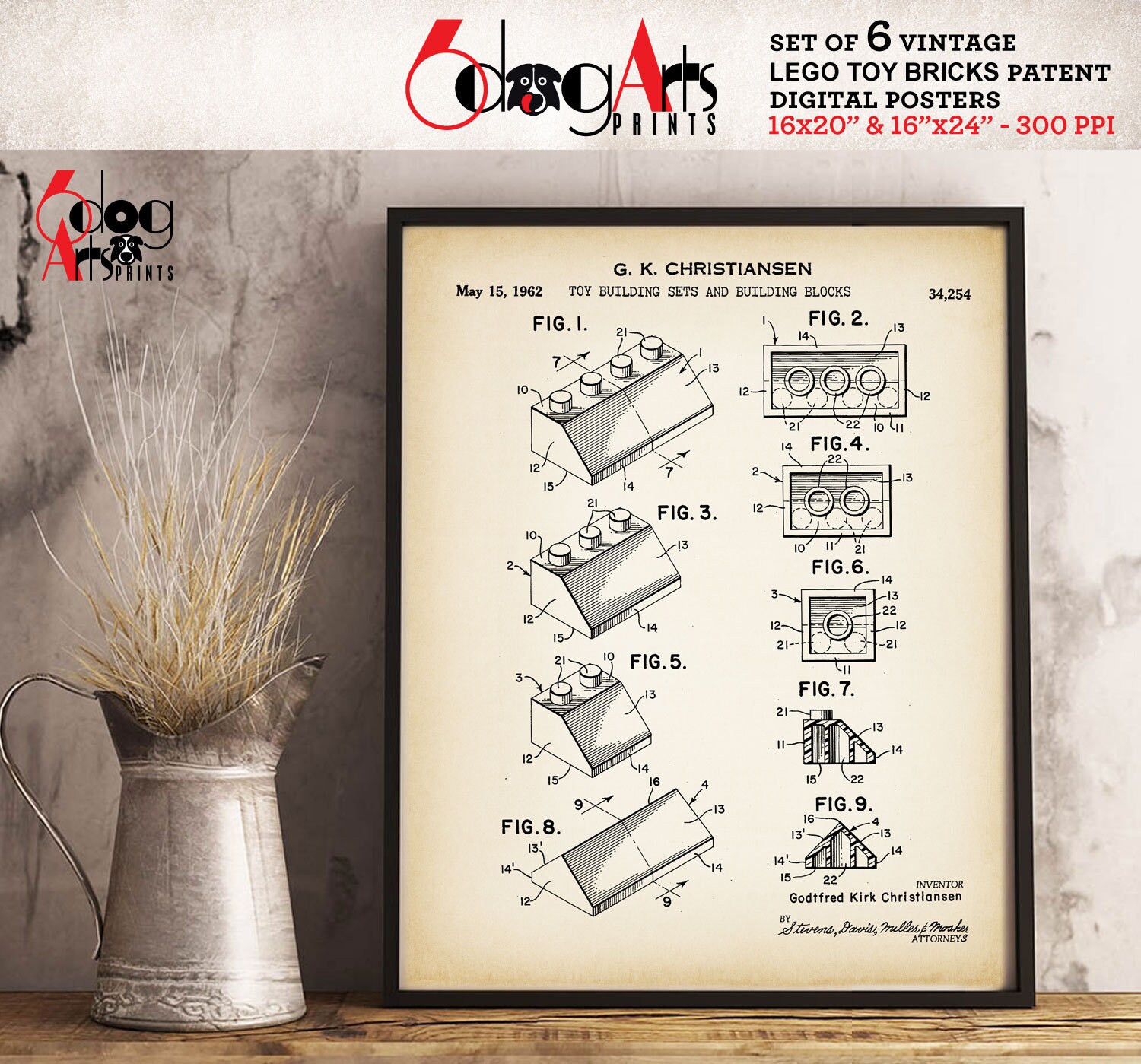 Toy Bricks Patent Posters /set of 6/ Digital Prints 16"x20" (8x10) / 16 ...
