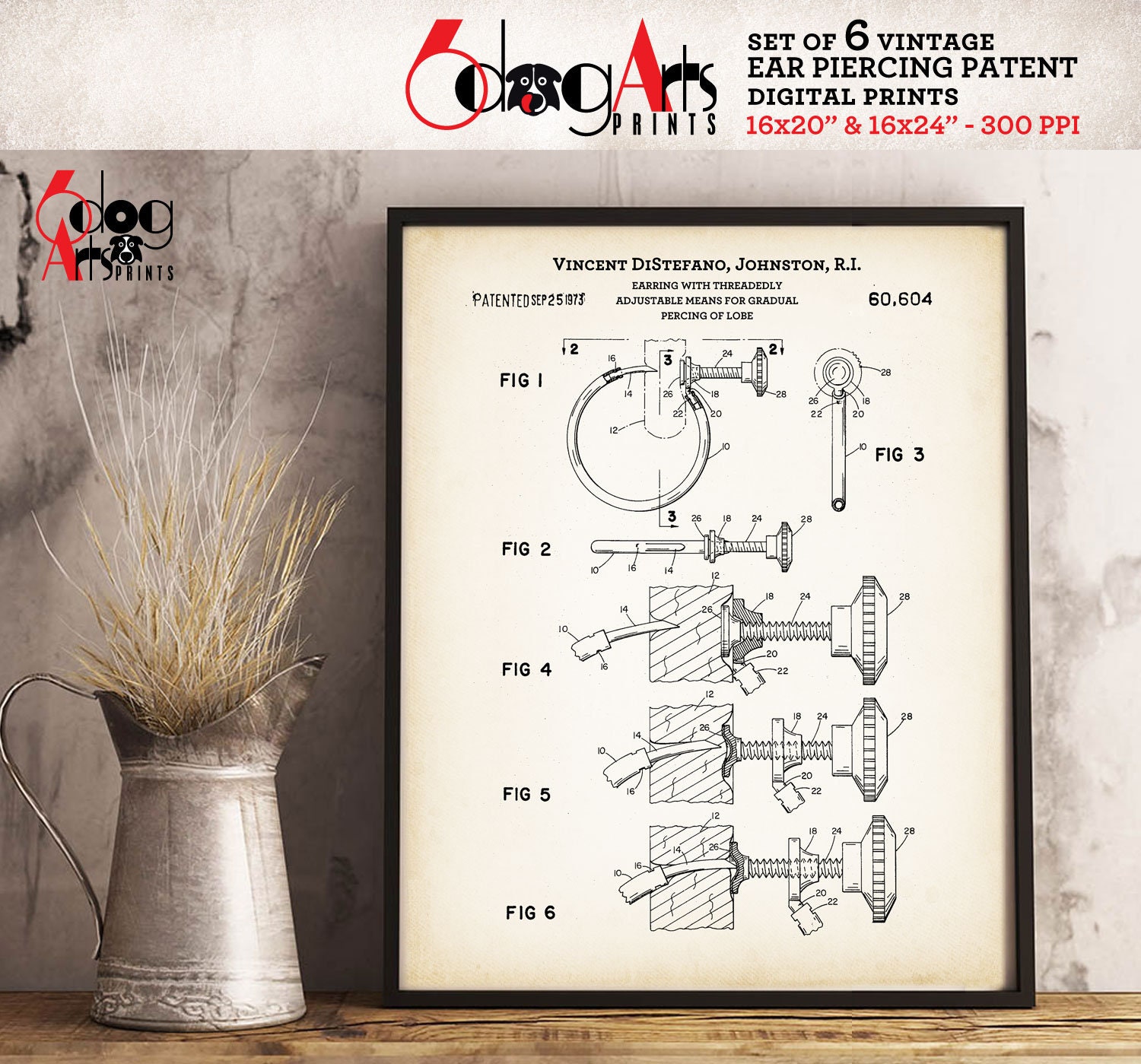 Vintage Ear Piercing Patent set of 6 Drawings Download Digital Prints ...