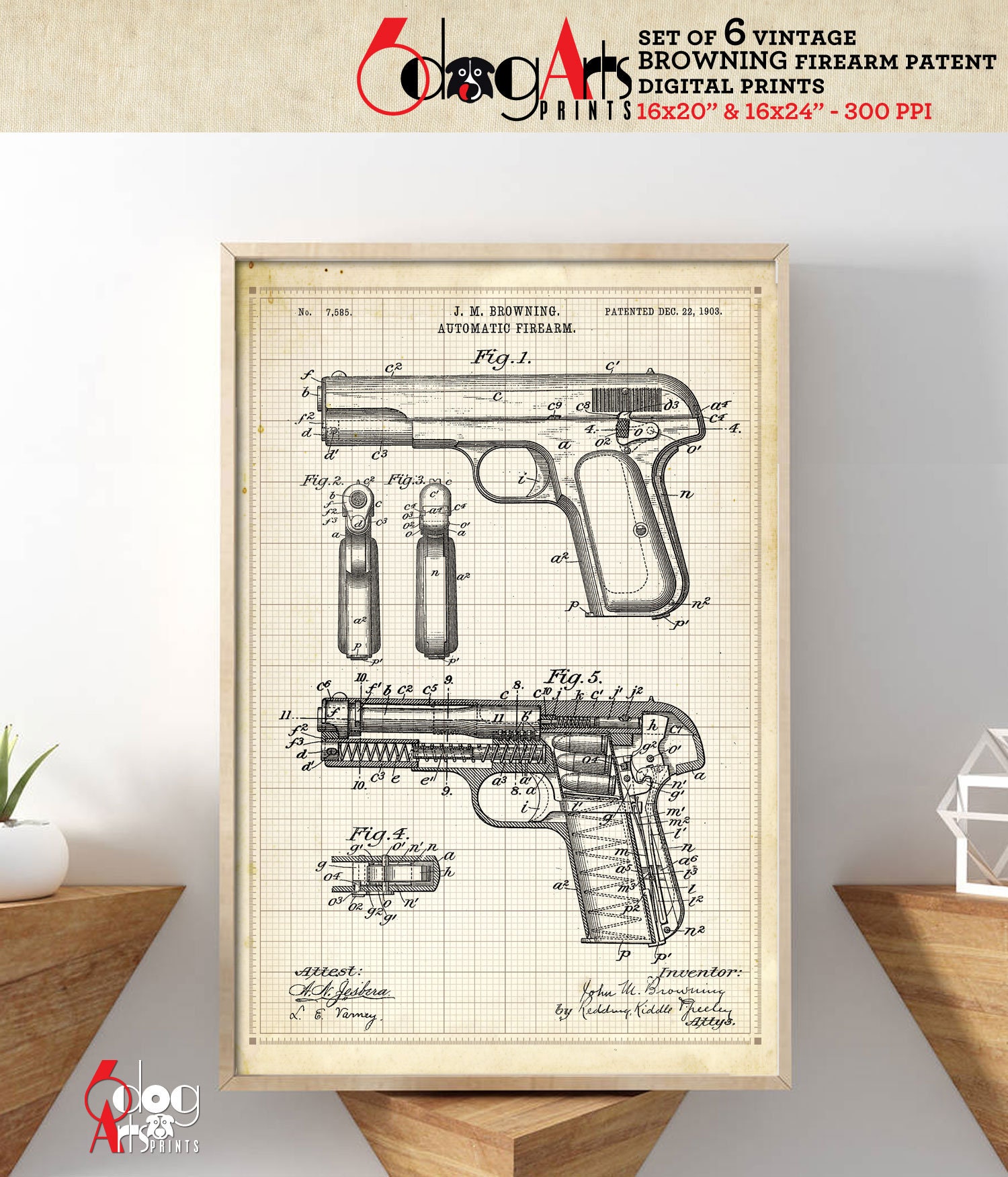 Firearm Patent Print /set of 6/ Pistol Gun Riffle Digital Prints, Gift ...