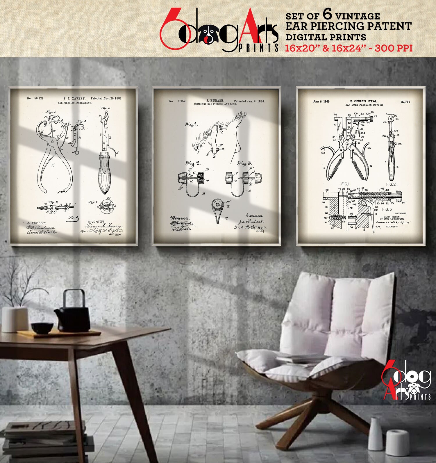Vintage Ear Piercing Patent set of 6 Drawings Download Digital Prints ...