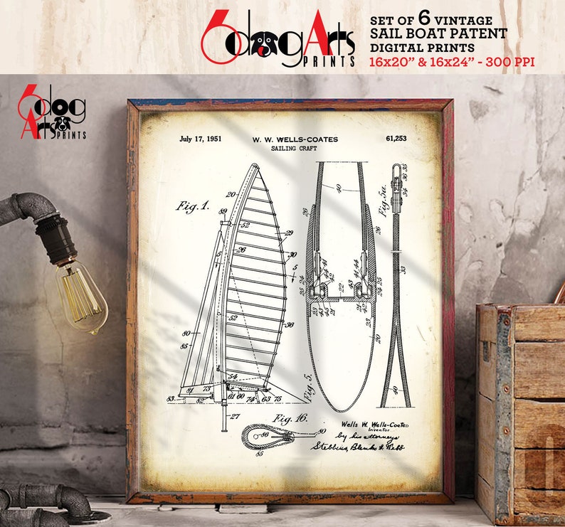 Vintage Sailboat Patent Art Prints (set of 6) - Nautical Blueprint ...
