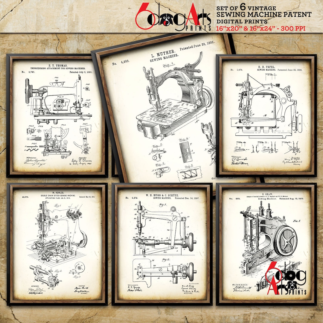 Antique Sewing Machine Patent Prints (set of 6) - Blueprint Wall Art ...
