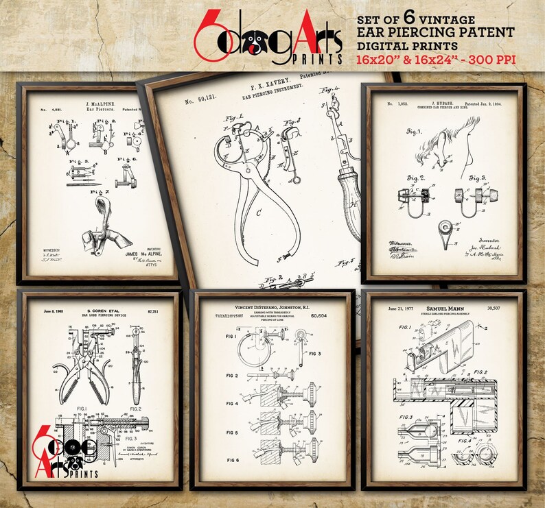 Vintage Ear Piercing Patent set of 6 Drawings Instant - Etsy