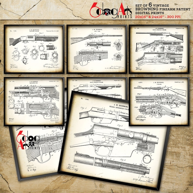 Firearm Patent Print /set of 6/ Pistol Gun Riffle Digital Prints, Gift ...