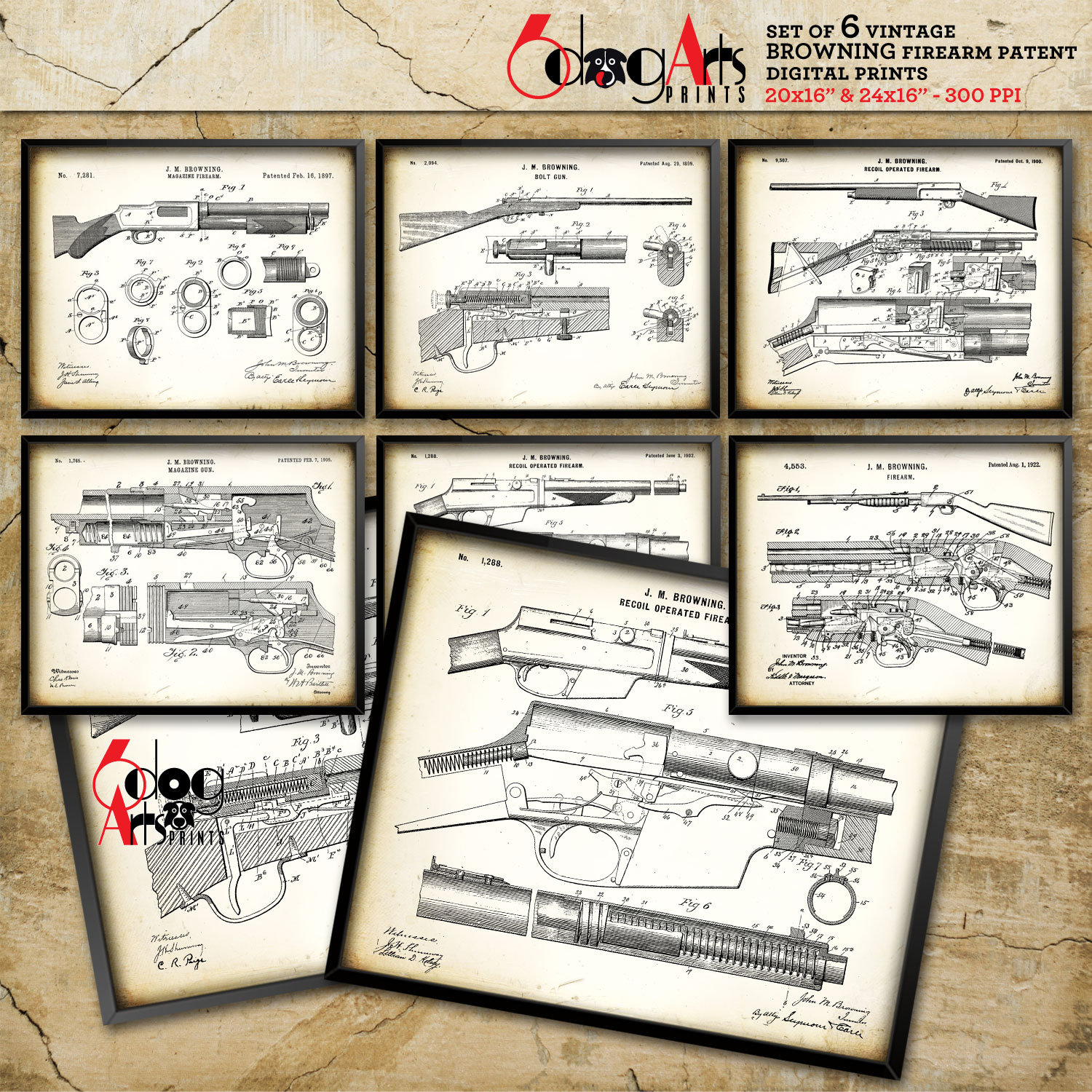 Firearm Patent Print /set of 6/ Pistol Gun Riffle Digital Prints, Gift ...