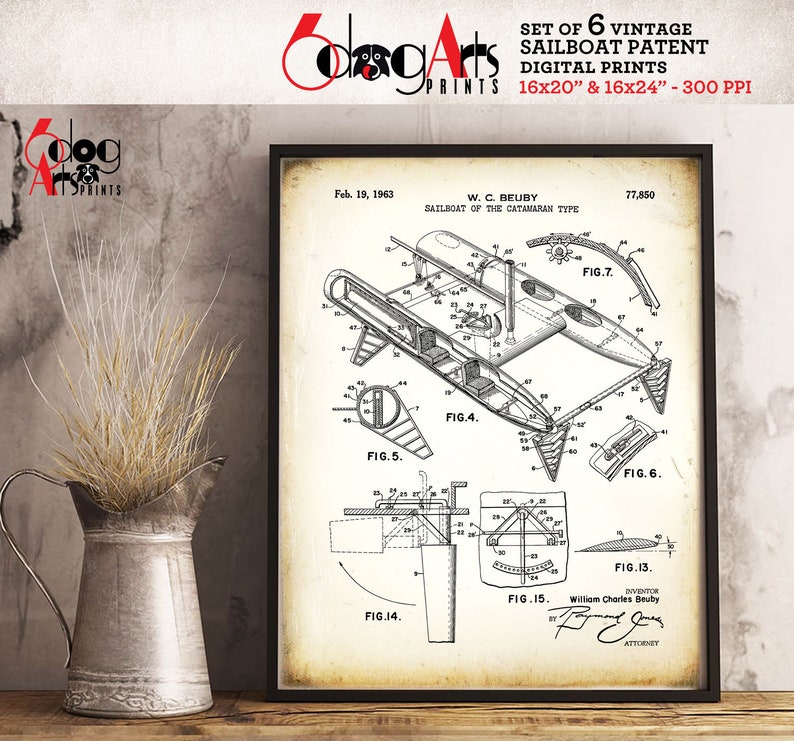 Vintage Sailboat Patent Art Prints (set of 6) - Nautical Blueprint ...