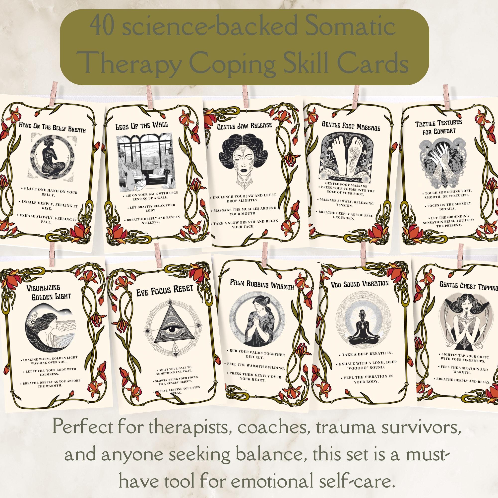 Art Nouveau 40 Somatic Therapy Coping Skill Cards for Nervous System ...