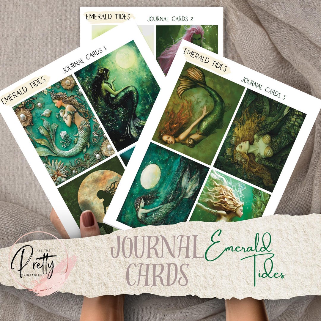 Emerald Tides Mermaid Journal Cards Printable's Bundle Green Digital ...