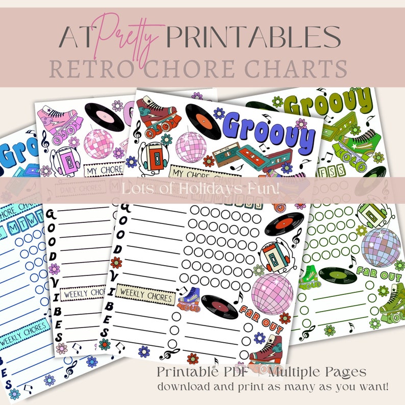 Retro Kids Printable Chore Chart,daily, Bundle,weekly Routine Checklist ...