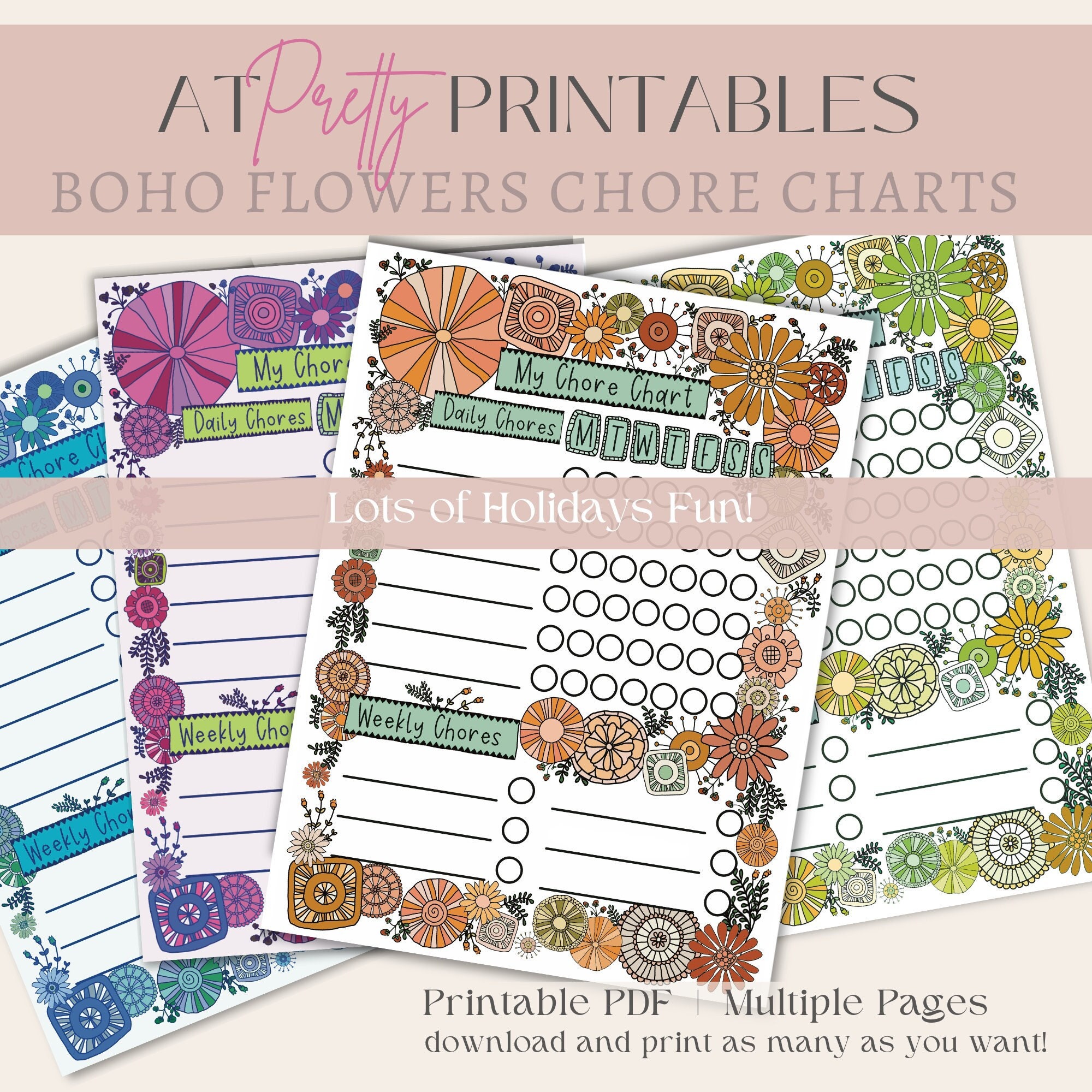 Boho Flowers Kids Printable Chore Chart, Bundle, Weekly Routine ...