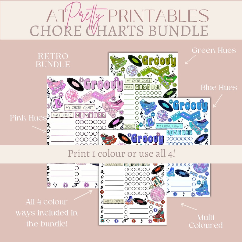 Retro Kids Printable Chore Chart,daily, Bundle,weekly Routine Checklist ...