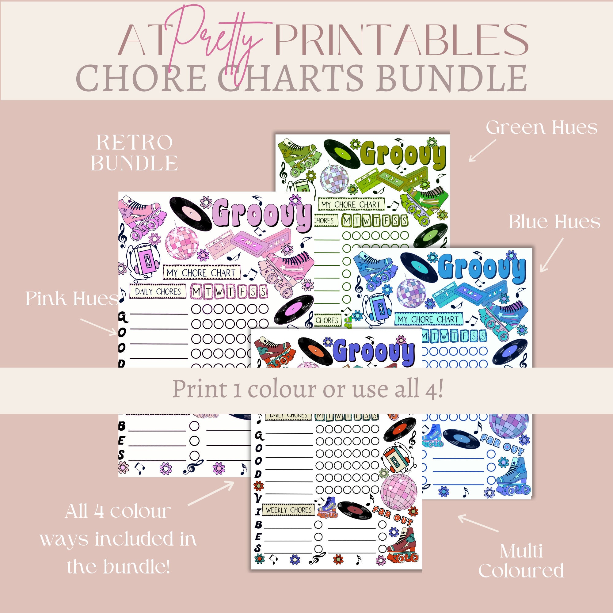 Retro Kids Printable Chore Chart,daily, Bundle,weekly Routine Checklist ...