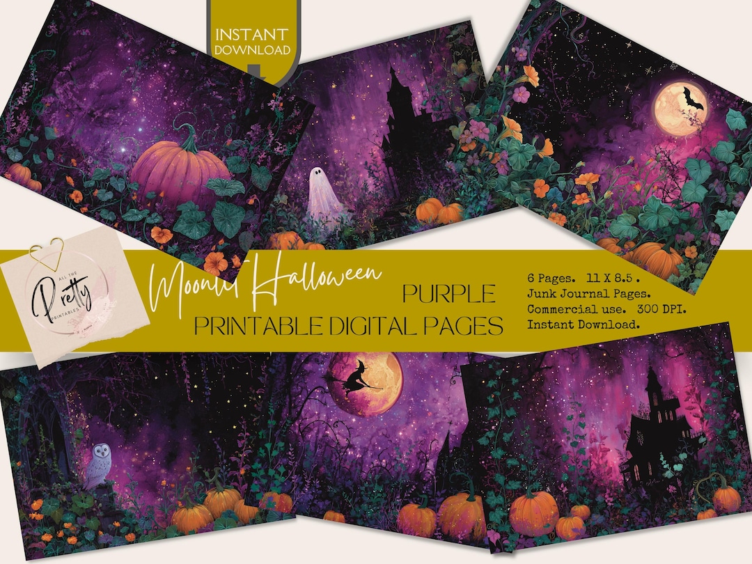 Magenta Halloween Journal Pages, Digital Papers, Junk Journal Printable ...