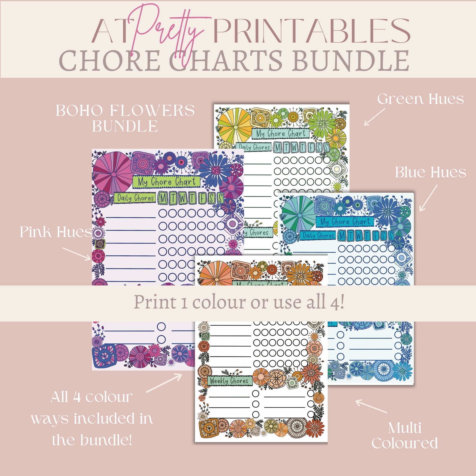 Boho Flowers Kids Printable Chore Chart, Bundle, Weekly Routine ...