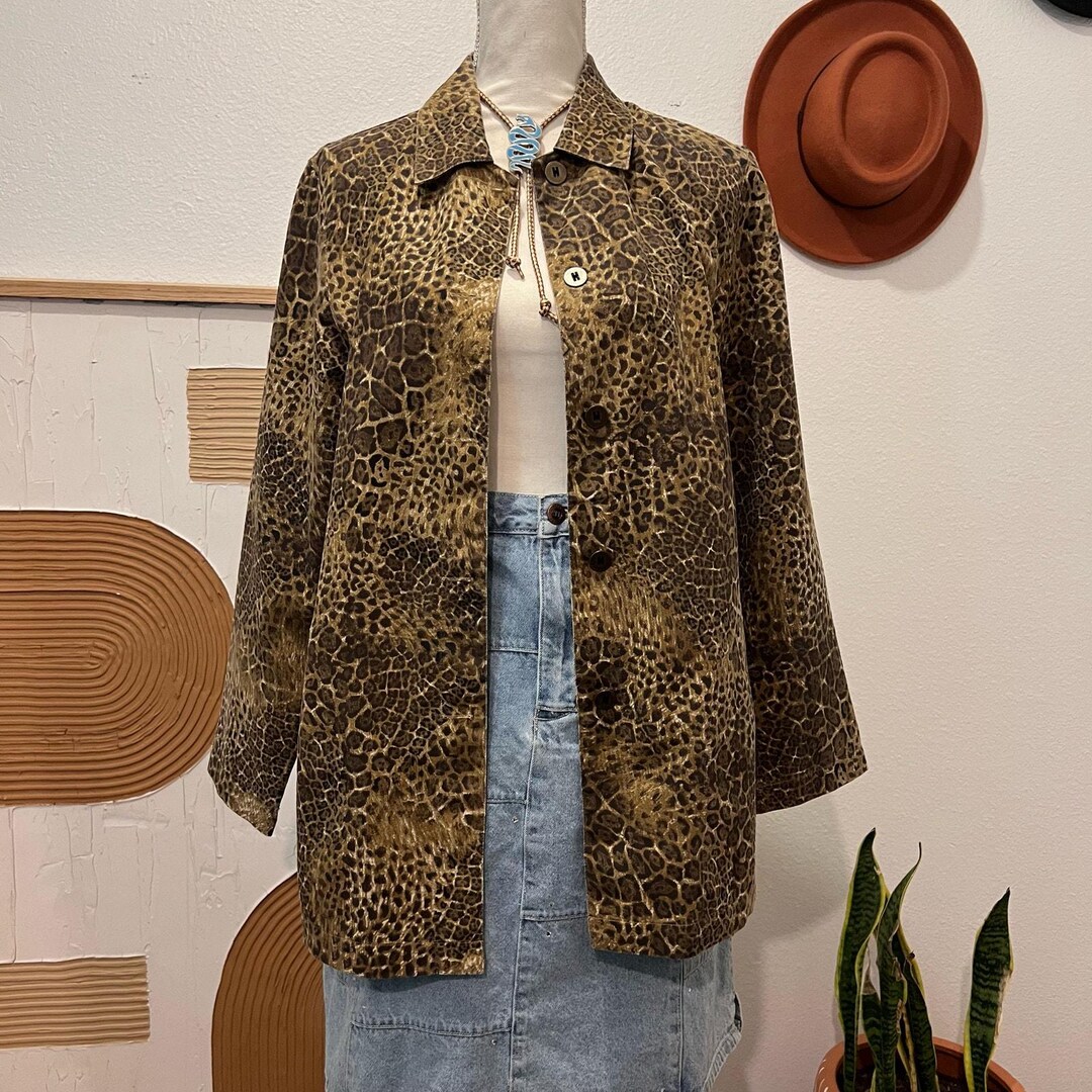 Chico's 90s Vintage Brown Animal Print Long Button Front Shacket House ...