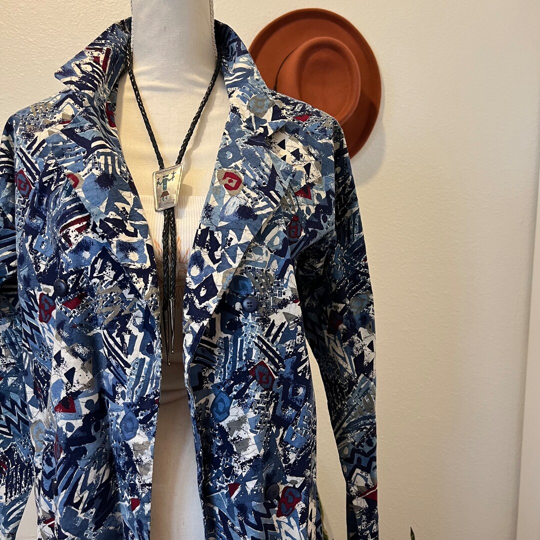 Vintage Blue Abstract Printed Cotton Long Collared House Duster Blazer ...