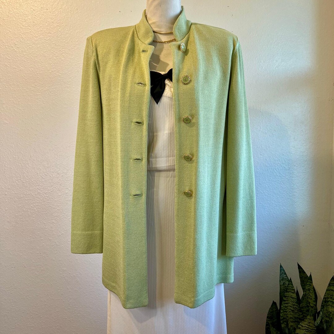 St. John Avocado Green Wool Blend Button Front House Coat Cardigan ...