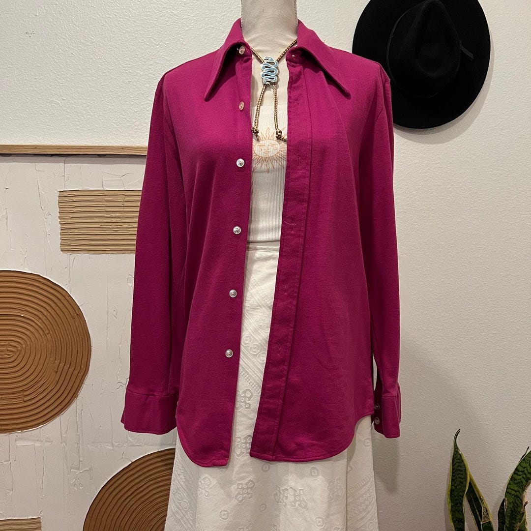 Fuchsia Pink Vintage 70s Button Down Long Sleeve Fitted Shirt - Etsy