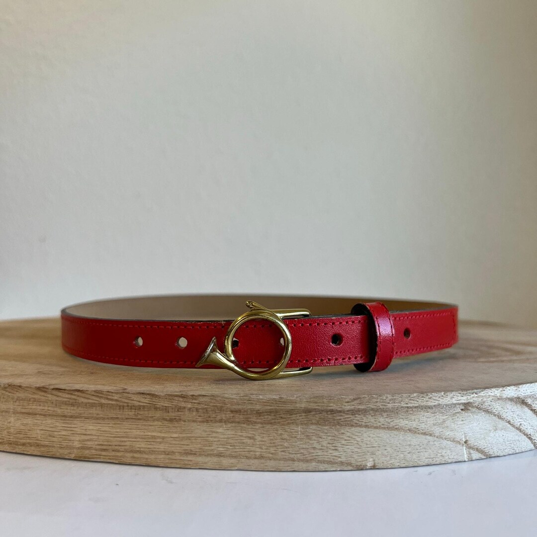 Vintage 90s Red Vegan Leather Gold Horn Buckle Belt Size XS - Etsy