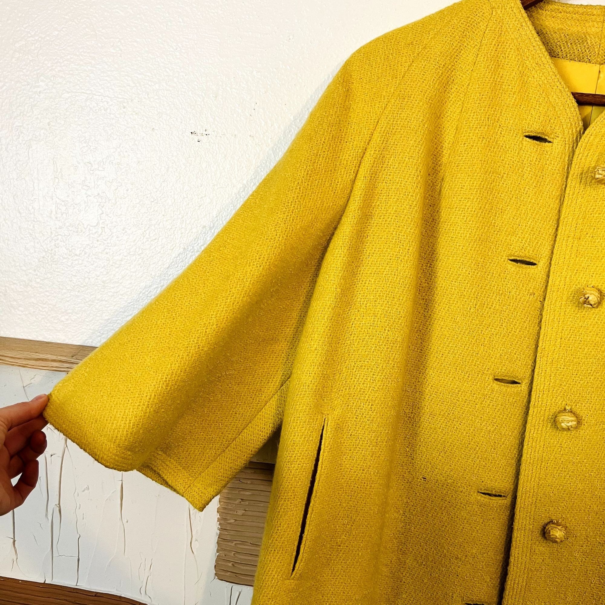 Vintage Yellow Woven Wool Half Sleeve Oversized Button Front Jacket ...
