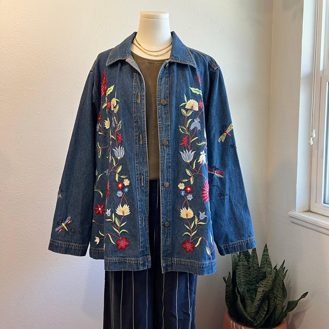 Vintage 90s the Quacker Factory Denim Embroidered Beaded Floral Jacket ...