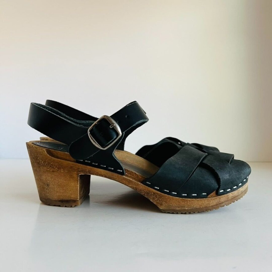 Swedish Black Woven Genuine Leather Open Toe Mary Jane Wooden - Etsy
