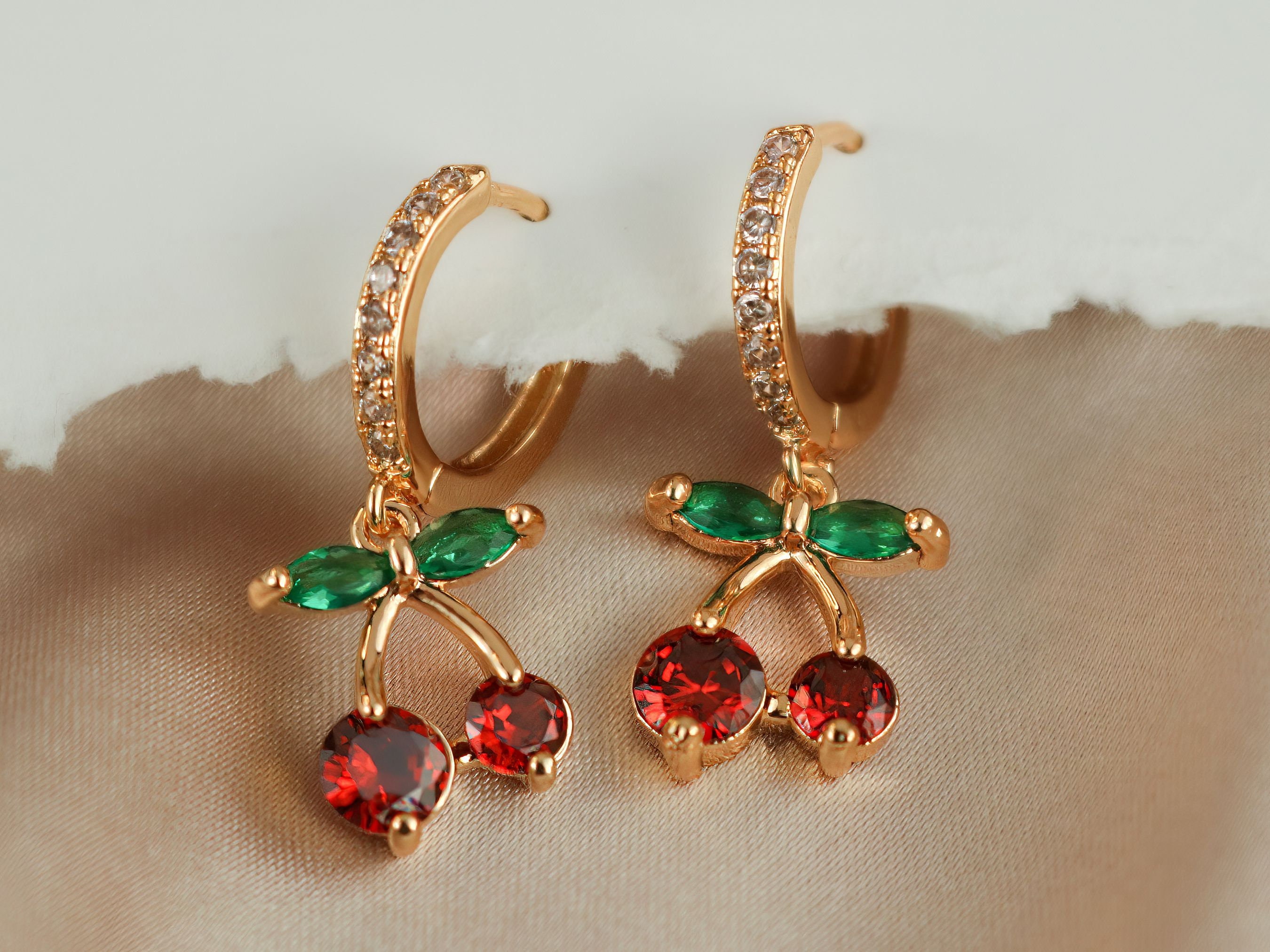 Cherries Ruby Diamond Hoop Earrings Fruit Nature Summer - Etsy
