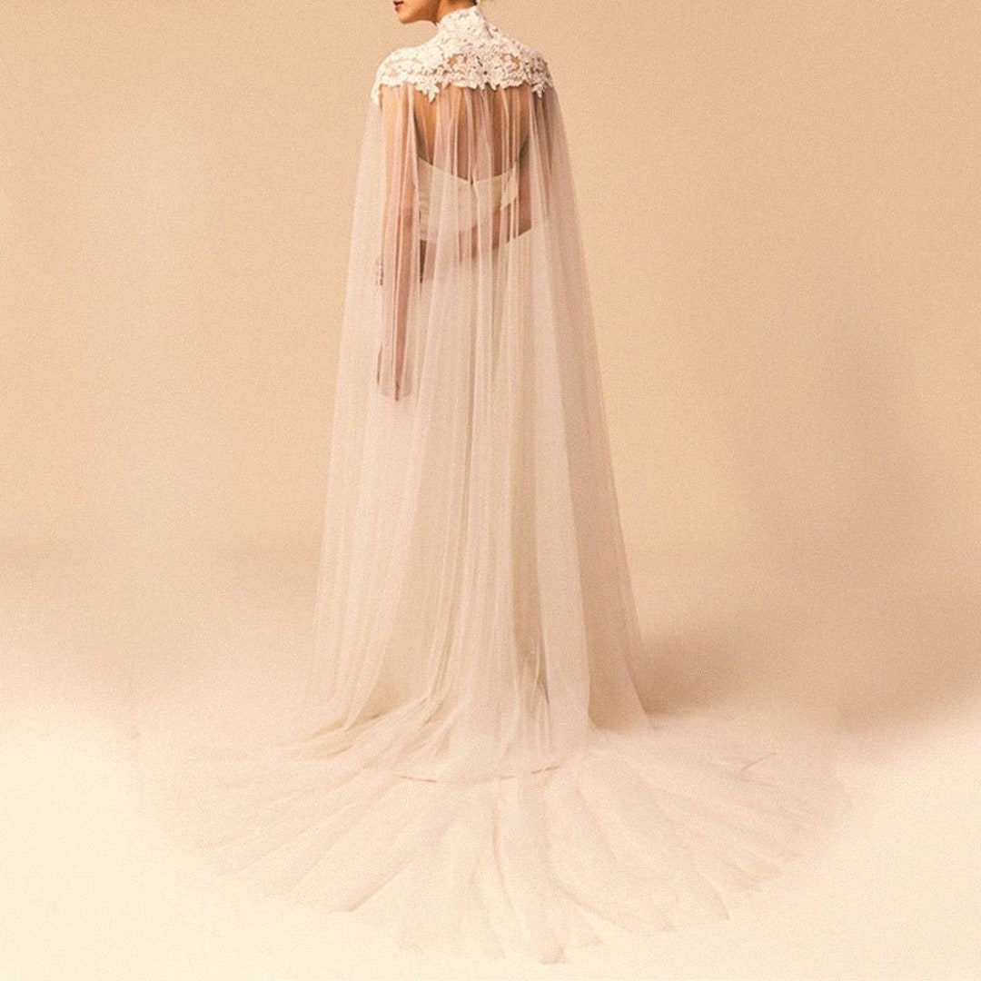 Decal High Collar Bridal Cape, Small Trailing Bridal Shawl, Transparent ...