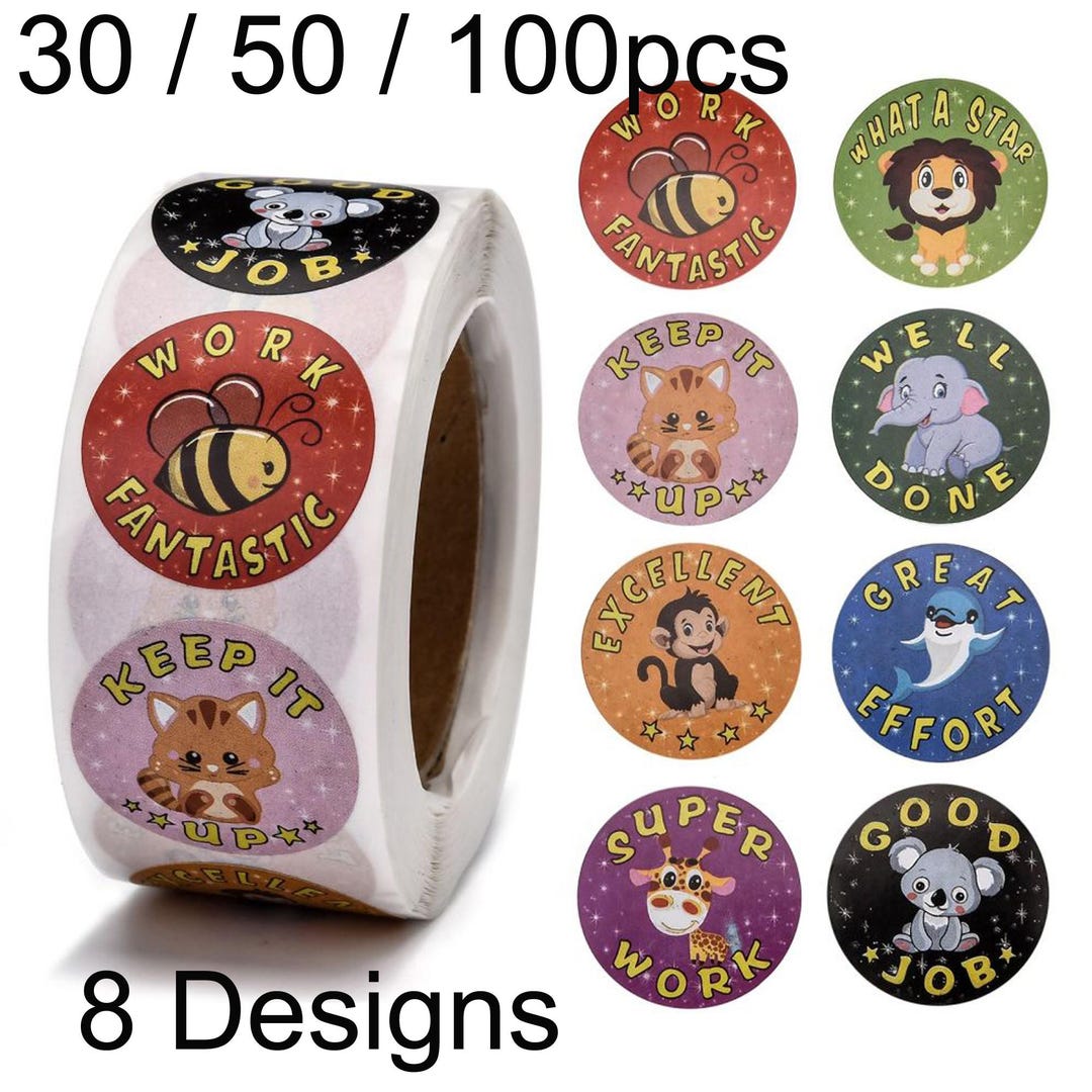 Teacher Reward Cute Animal Motivational Label Stickers 8 Designs 25mm ...